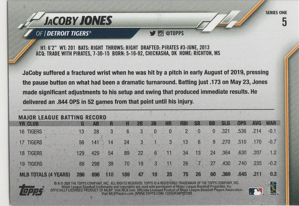 2020 Topps Series 1 - JaCoby Jones #5 Tigers!!! MLB baseball cards | eBay