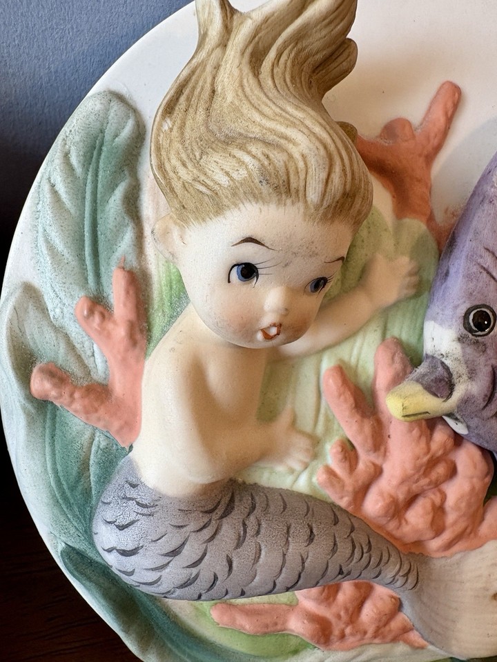 Pair 1950s Lefton Ceramic Mermaid Angelfish Wall Plaques Red Foil Crown ...