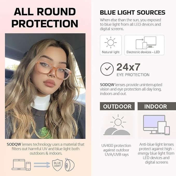 SODQW Designer Blue Light Blocking Glasses for Women Square Frame Anti ...