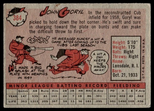 1958 Topps #384 John Goryl Chicago Cubs Low Grade | eBay