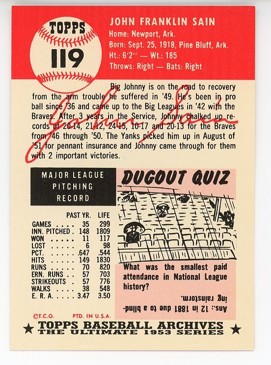 1991 Topps Baseball 1953 Archives #119 John Sain NM or Better | eBay