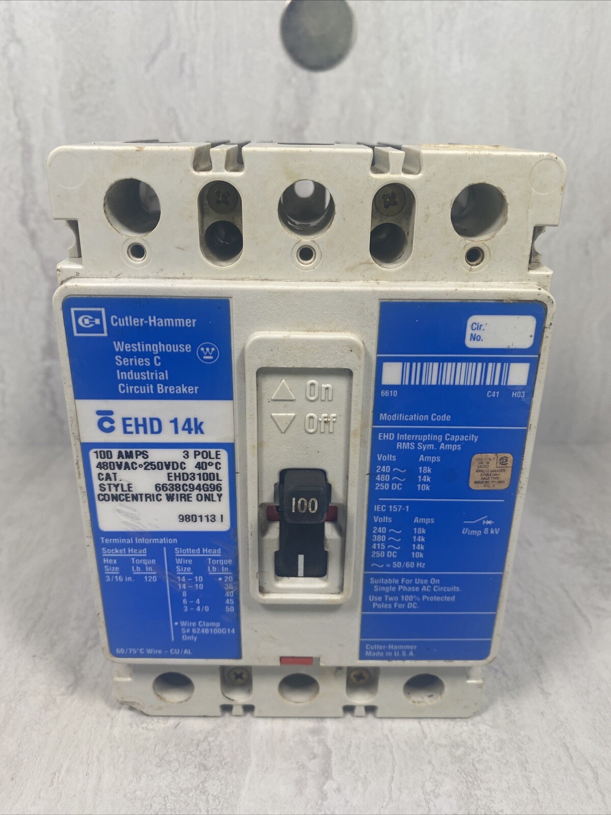 Cutler-Hammer EHD3100L Circuit Breaker 100A 3P | eBay