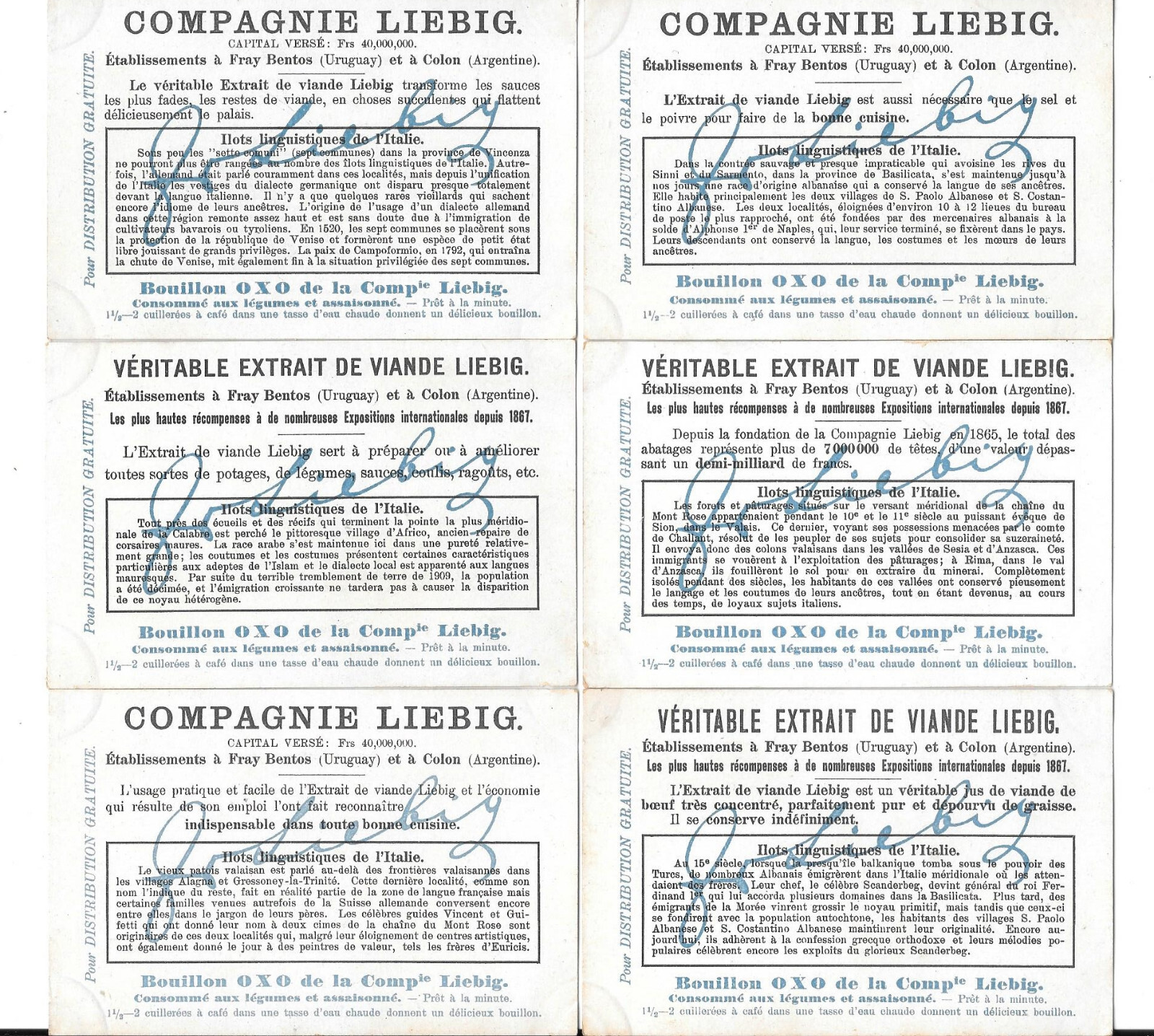 6x LIEBIG TRADE CARDS, UNUSUAL LINGUISTIC AREAS OF ITALY 1921 (S1131 ...