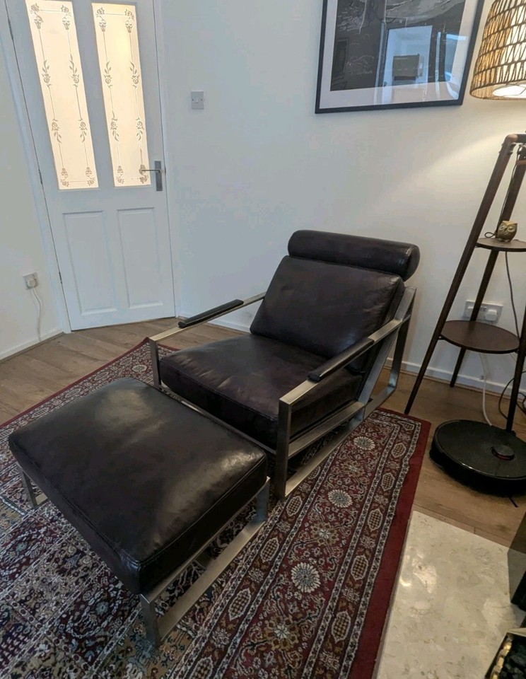 Black & Chrome Milo Baughman Style Lounge Chair with Ottoman By Coach ...