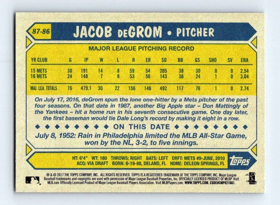 #87-86 2017 Topps 1987 Baseball Jacob DeGrom New York Mets | eBay
