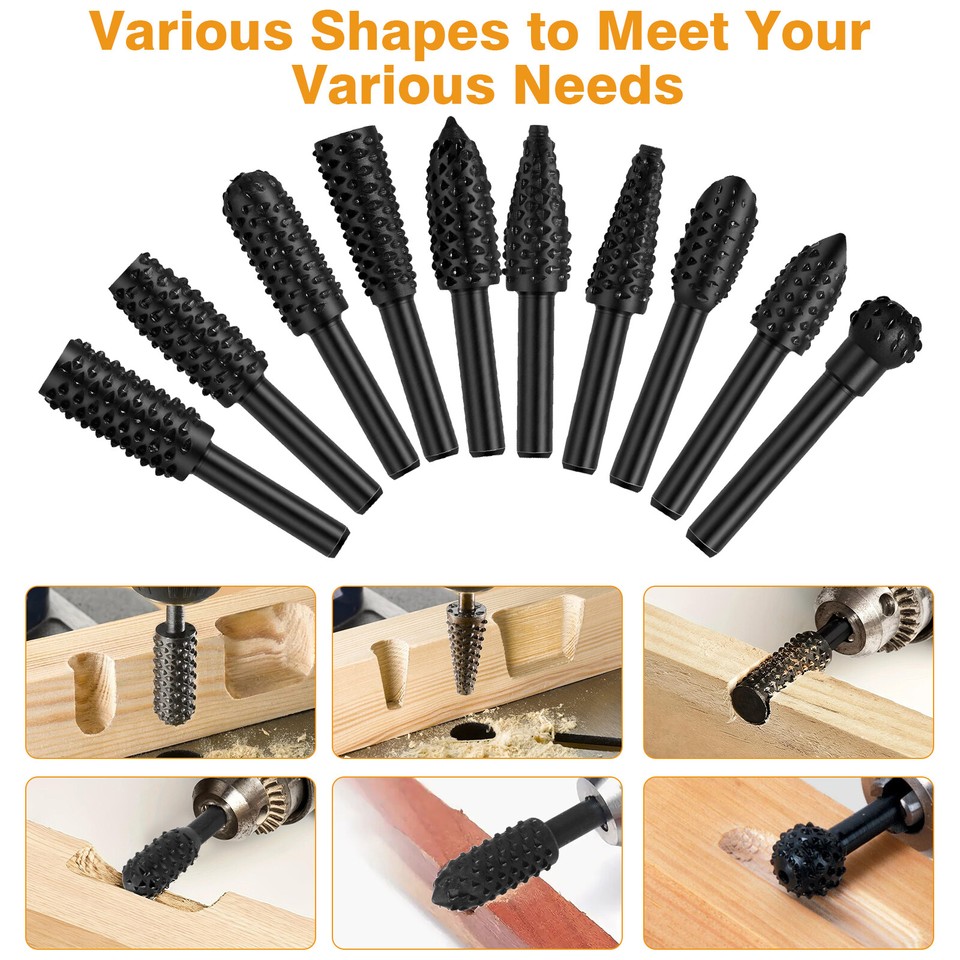 10pcs Rotary Burr File Bits 1/4" Shank Wood Carving Rotary Rasp for Die ...