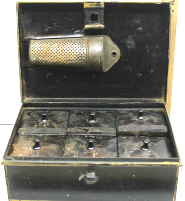 Antique Kreamer (?) Metal Tin Spice Lock Box +6 Tins+Grater+Spices ...