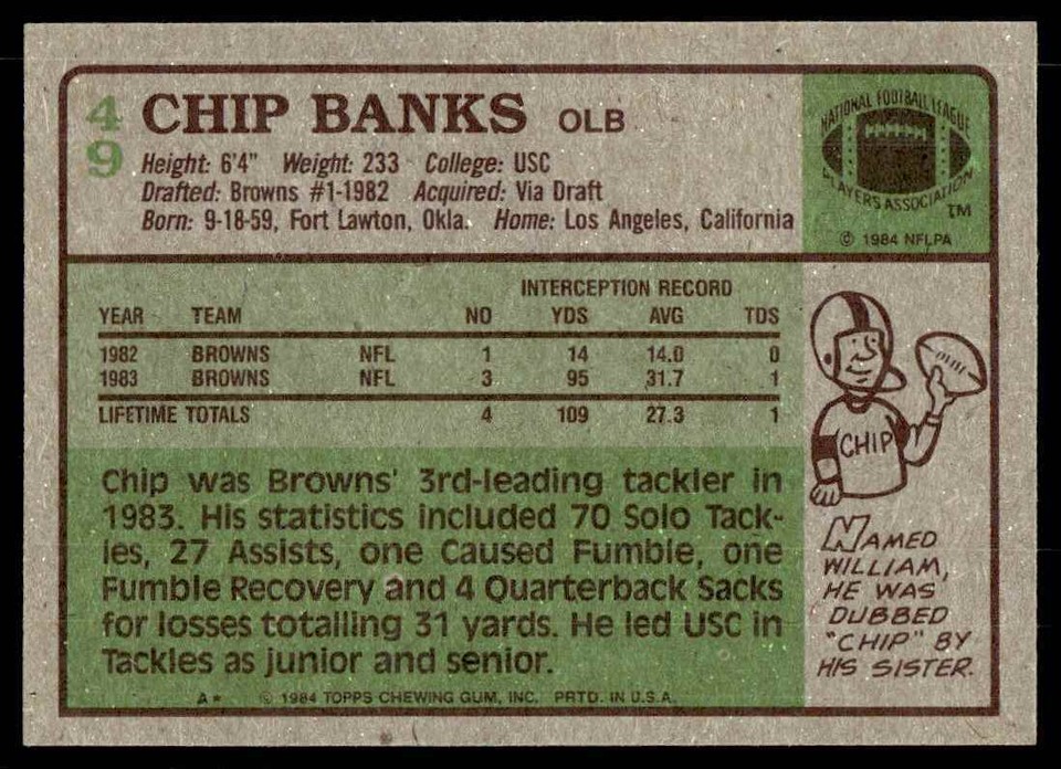 1984 Topps Football Chip Banks Cleveland Browns #49 | eBay