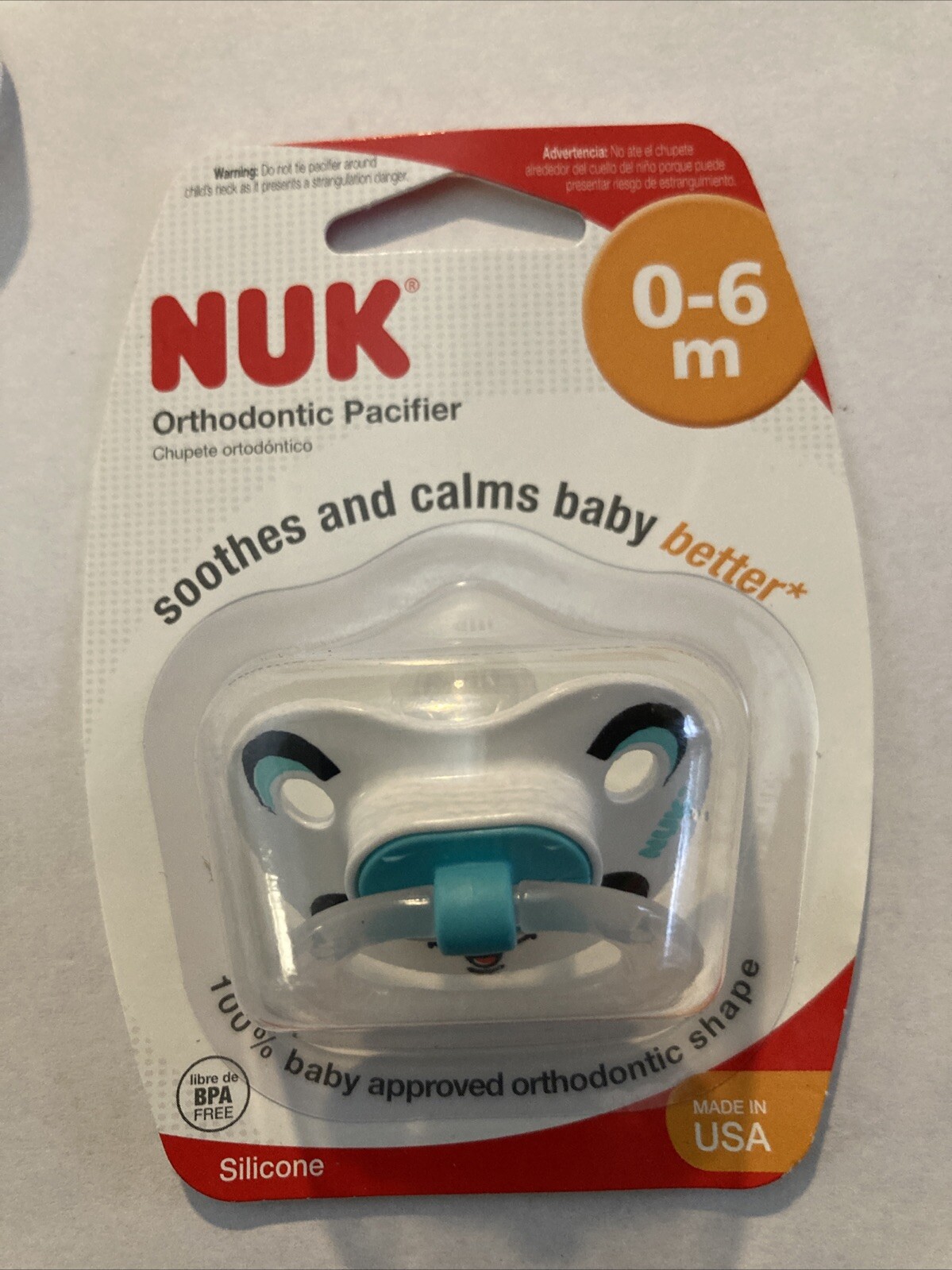 NUK Orthodontic Pacifier 0-6 Months Silicone Nipple PANDA BEAR White ...