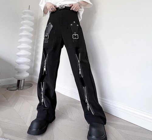 Men's Fashion Punk Gothic Rivet Buckle Strap Zipper Loose Pants Casual ...