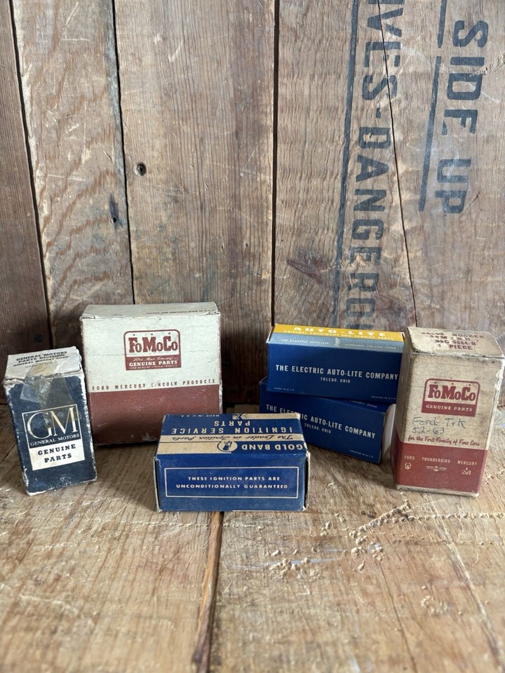 Vintage Parts Boxes with Parts Ford General Motors Auto-Lite Gold Band ...
