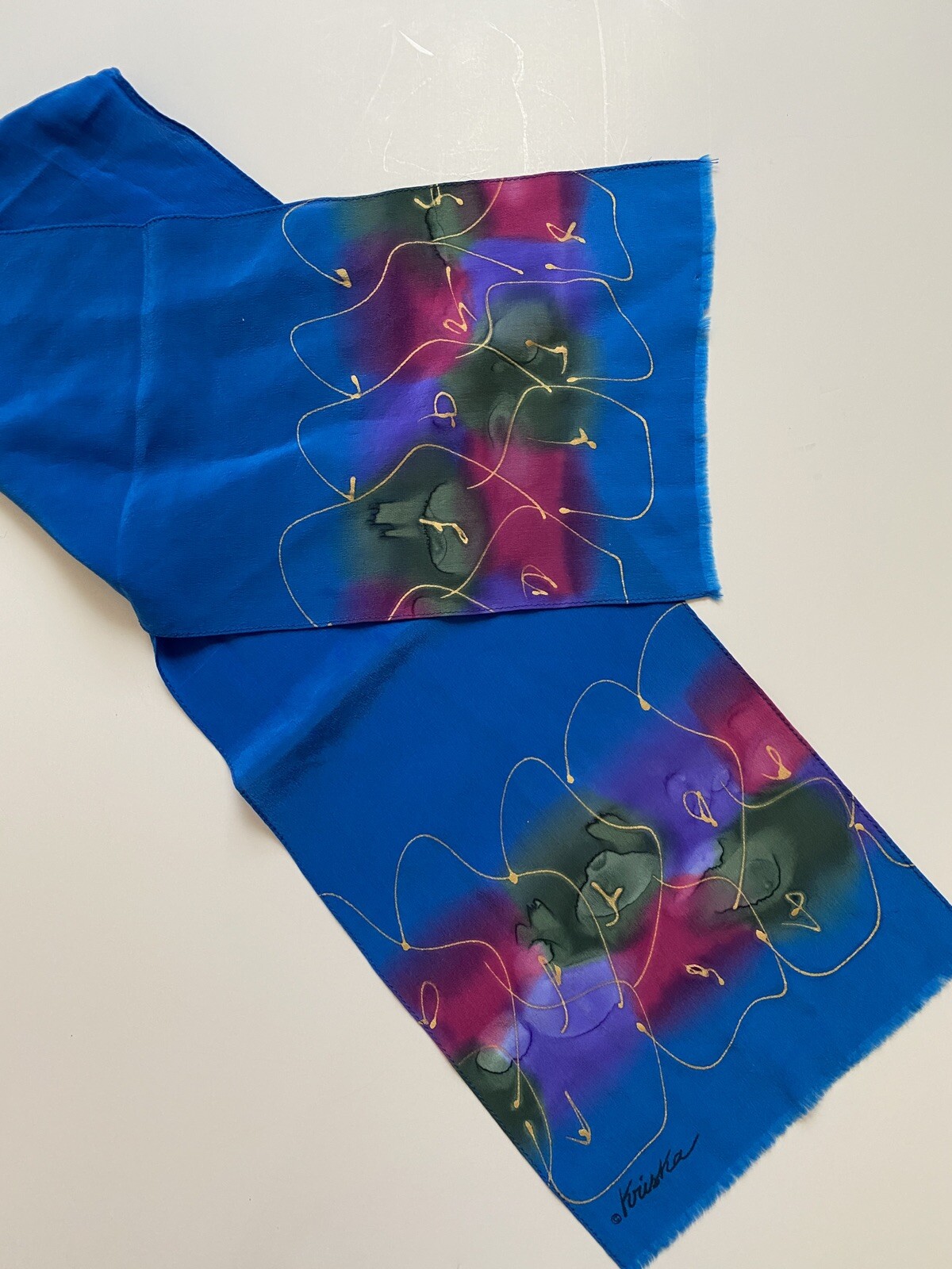 KRISKA Handpainted Silk Rectangular Scarf Royal Blue With Pink Green ...