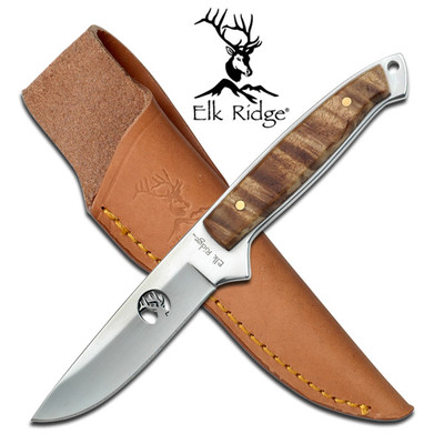 ELK RIDGE Brown Maple Straight FULL TANG Hunting Knife + Sheath ER-048 ...