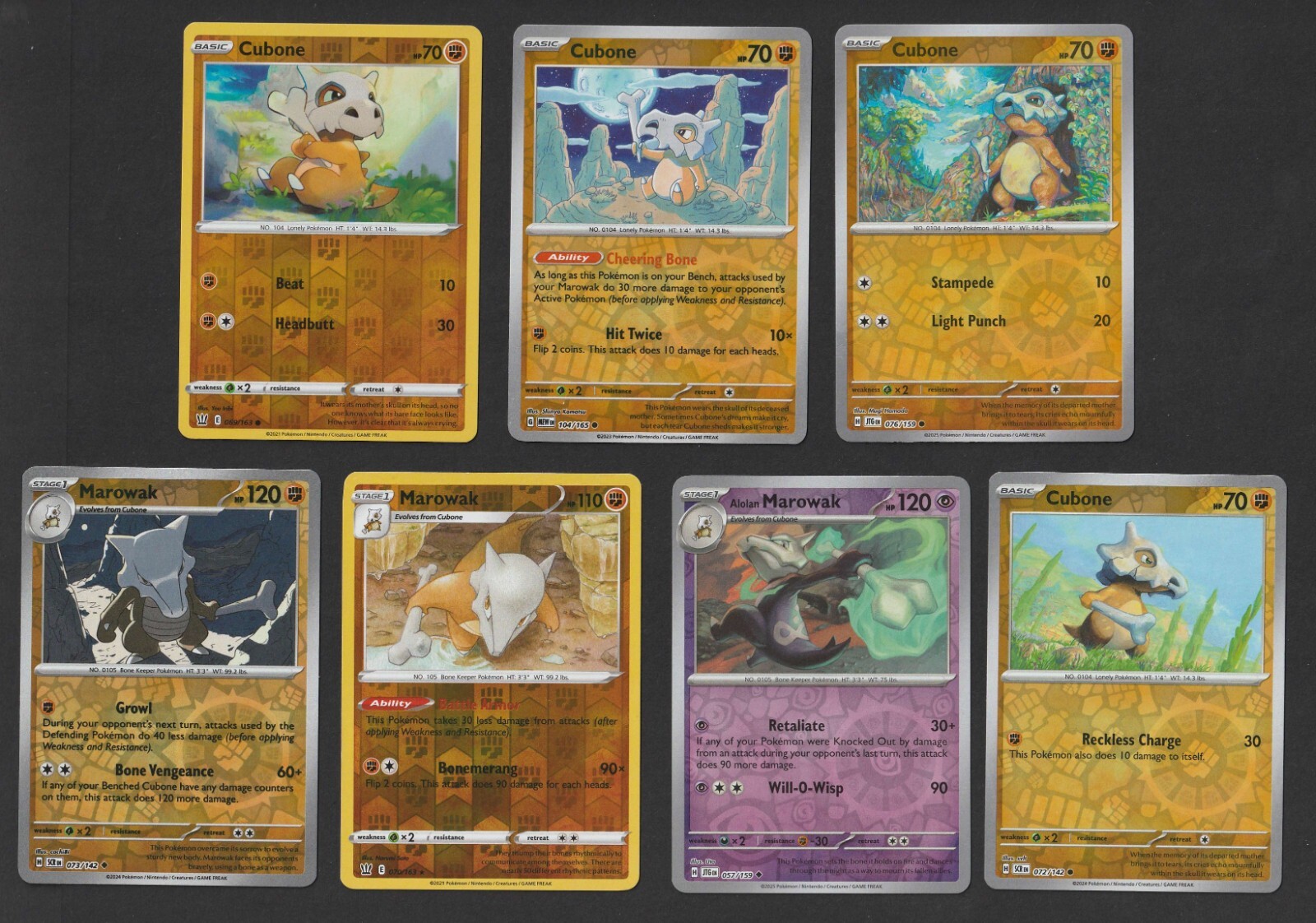 Cubone Marowak Pokemon Card Collection Set of 7 Reverse Holo Cards Cute ...