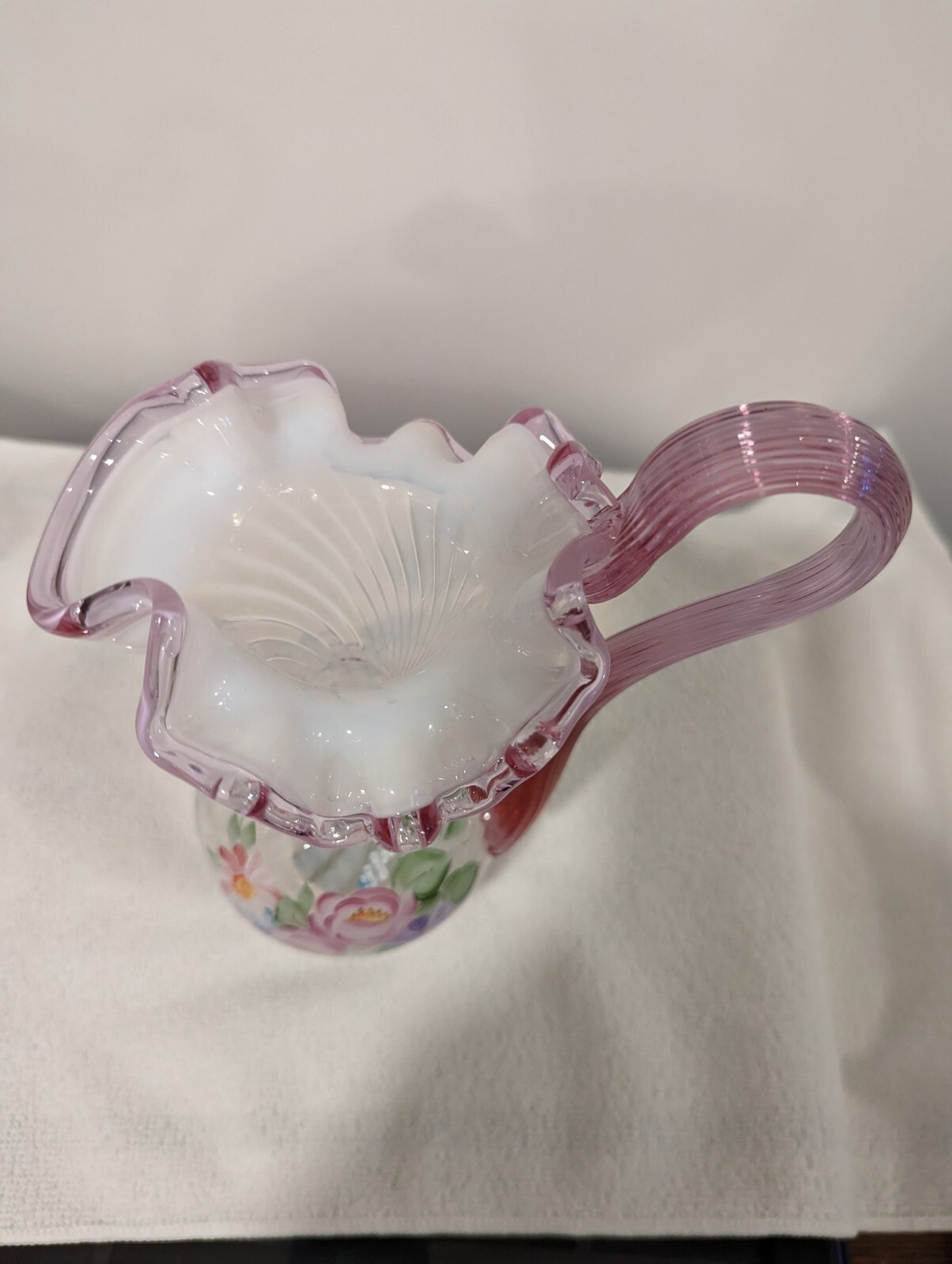 FENTON Glass Pitcher Vase Commemorative Opalescent Dusty Rose Crest ...