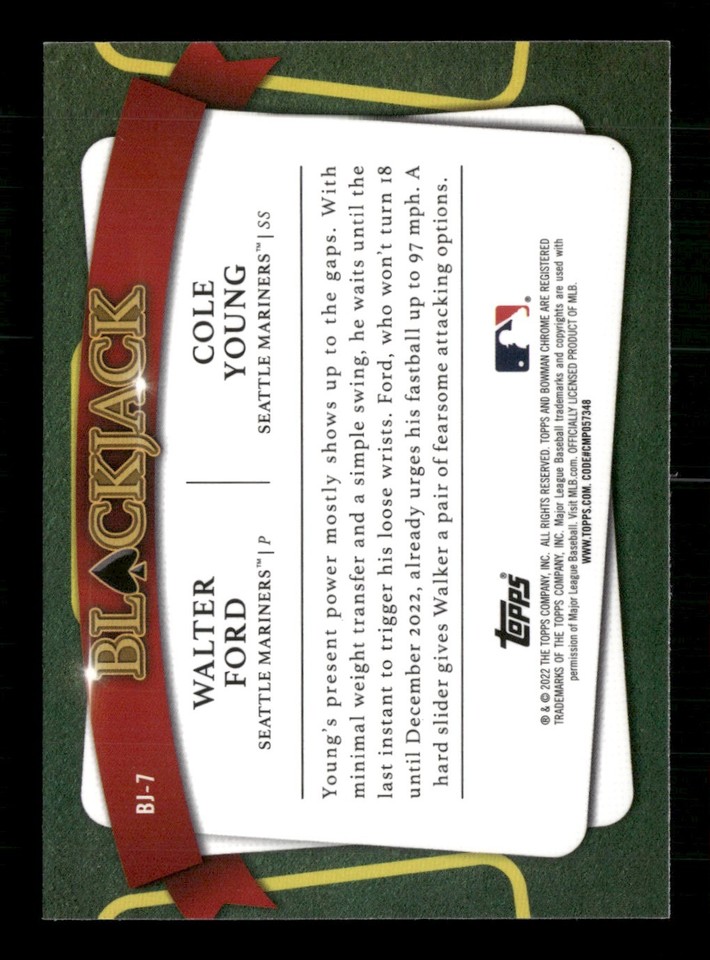 Cole Young / Walter Ford 2022 Bowman Draft Blackjack #BJ-7 Seattle ...
