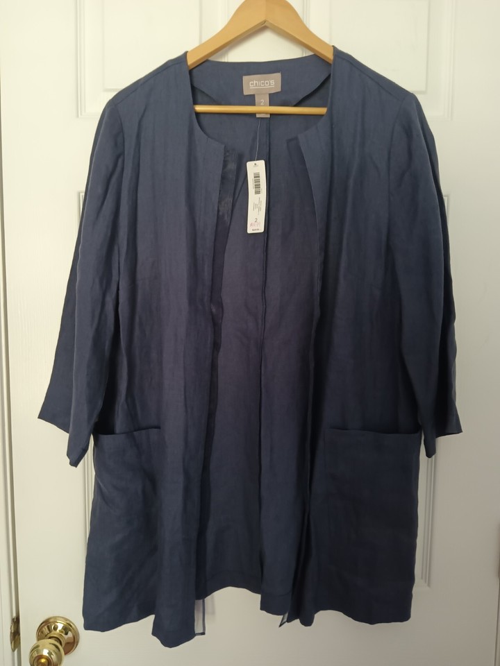 NWT Chico's long duster 100% linen navy blue patch pockets LAGENLOOK ...