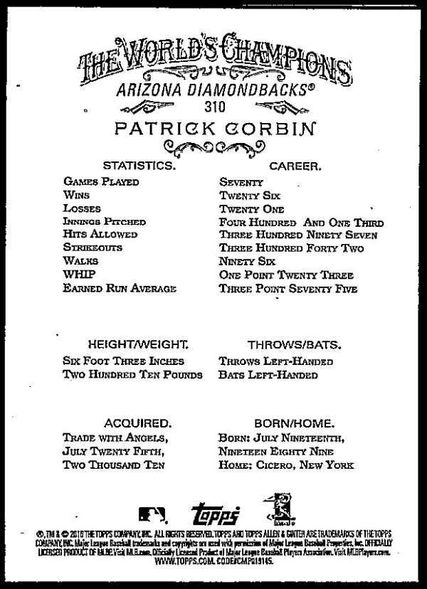 2016 Allen and Ginter #310 Patrick Corbin Diamondbacks NM-MT (SP ...