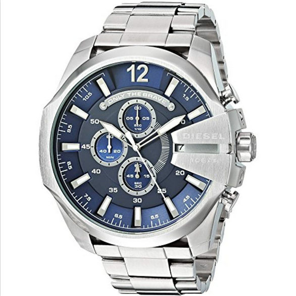 DIESEL MEGA CHIEF MEN'S WATCH SILVER TONE STAINLESS CHRONOGRAPH BLUE ...