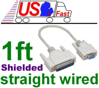 1ft short DB25pin Male~DB9 Female Serial/RS232 COM Port Cable Printer ...