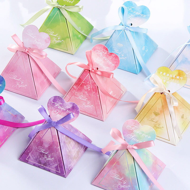 1-100X Dreamy Triangle Paper Party Wedding Favour Sweet Boxes + Ribbons ...