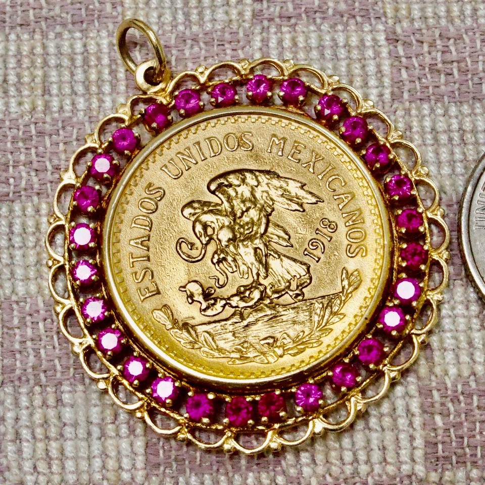 VINTAGE 1918 TWENTY PESOS MEXICAN AZTEC GOLD COIN SET IN HANDMADE GOLD ...