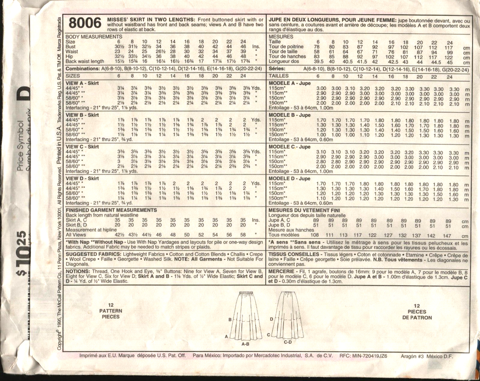 McCall's 8006 Size A 6-10 Misses' Skirt in 2 Lengths Sewing Pattern ...