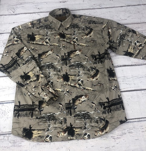 North River Outfitters Fishing Print Long Sleeve Button Down Shirt Sz ...