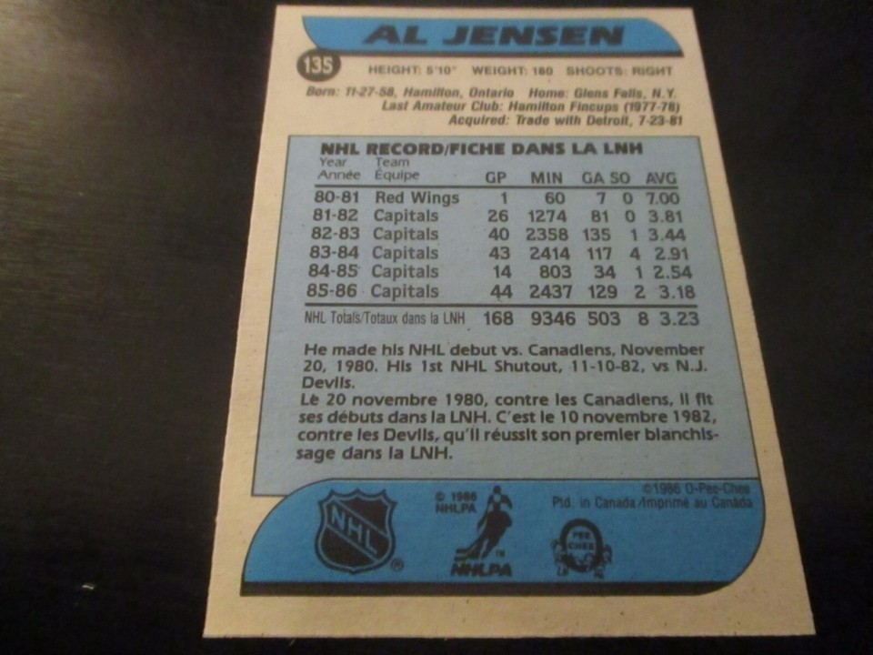 al jensen (washington capitals - goalie) 1986/87 o-pee-chee card #135 ...