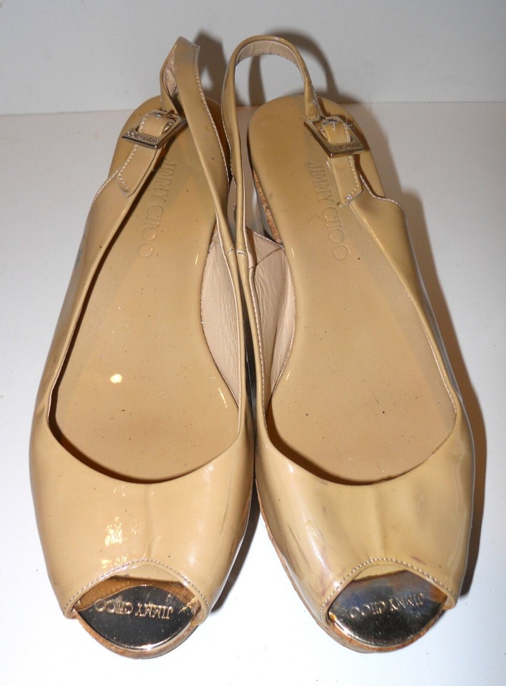 AUTH JIMMY CHOO Women's BEIGE PATENT LEATHER CORK WEDGES SHOES/SANDALS ...