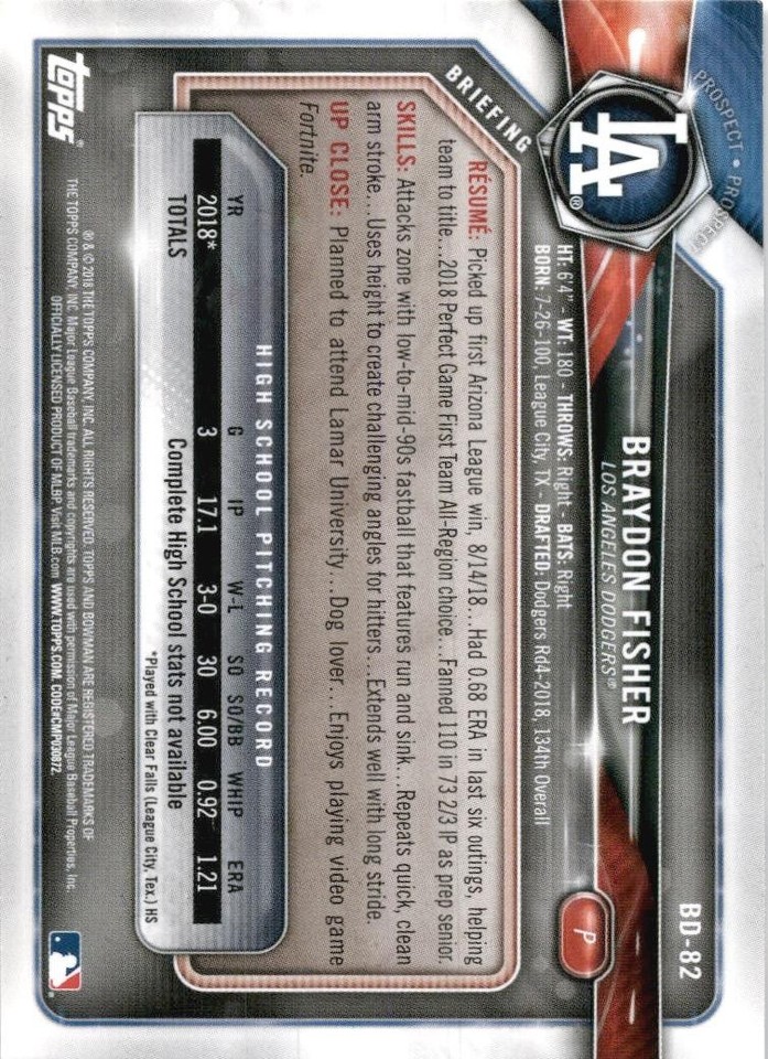 2018 Bowman Draft #BD-82 Braydon Fisher GREAT CARD!! | eBay