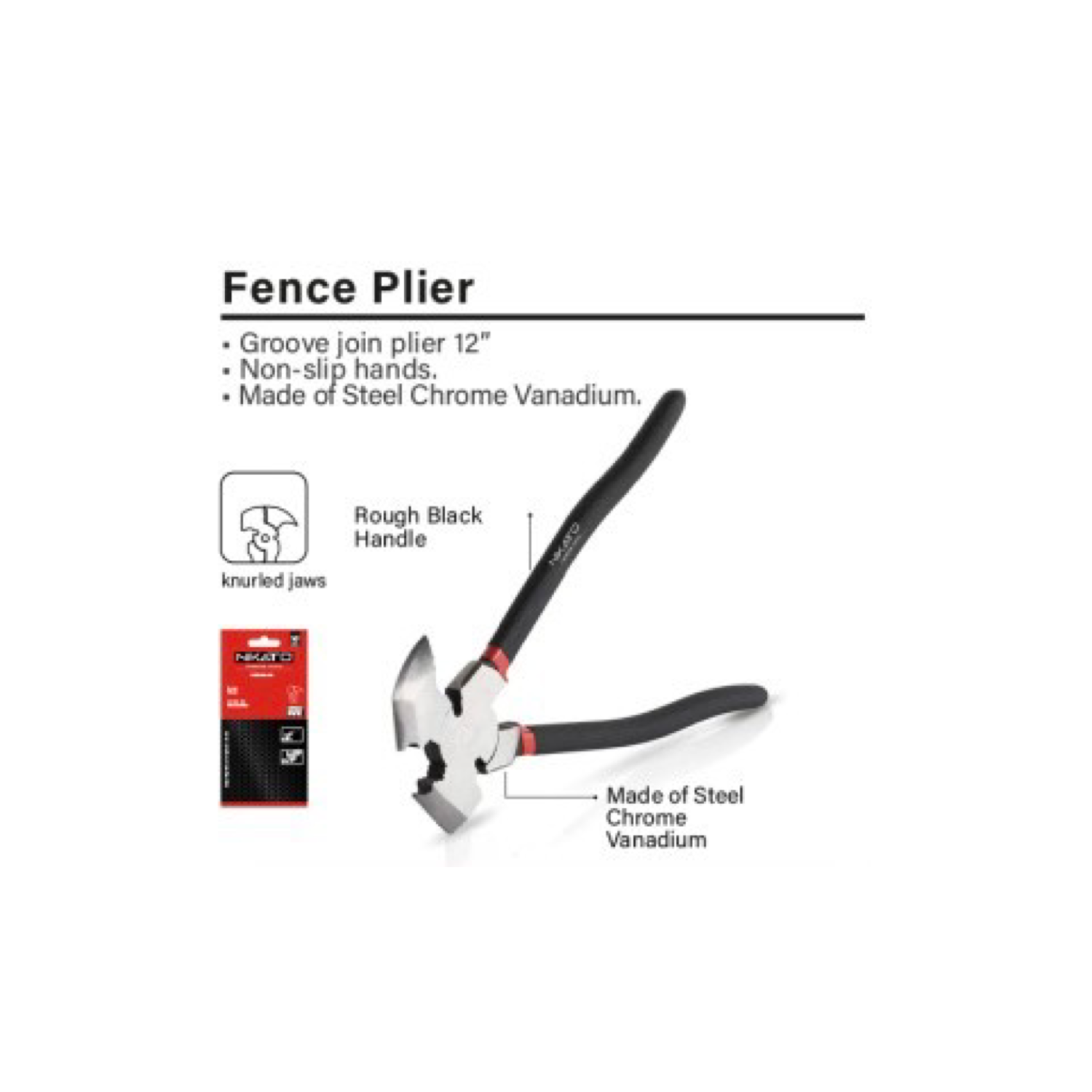 12" Fence Plier ,Chrome-Vanadium Steel, Non-Slip Hands, Knurled Jaws ...