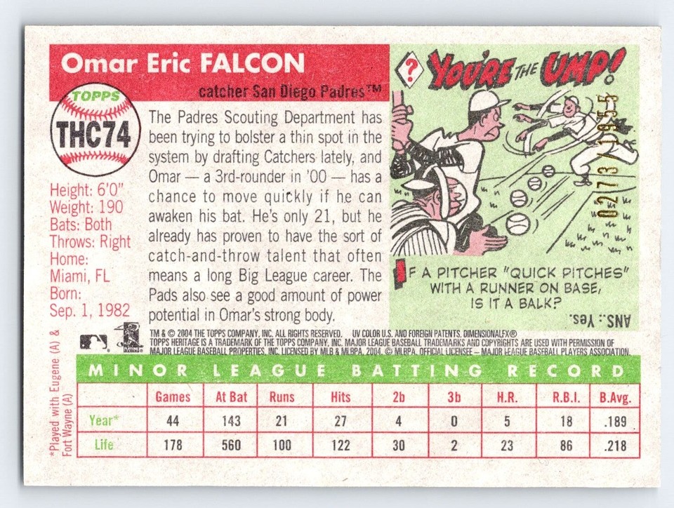 OMAR FALCON 2004 Topps Heritage Chrome Parallel THC74 Padres 0273/1955 ...