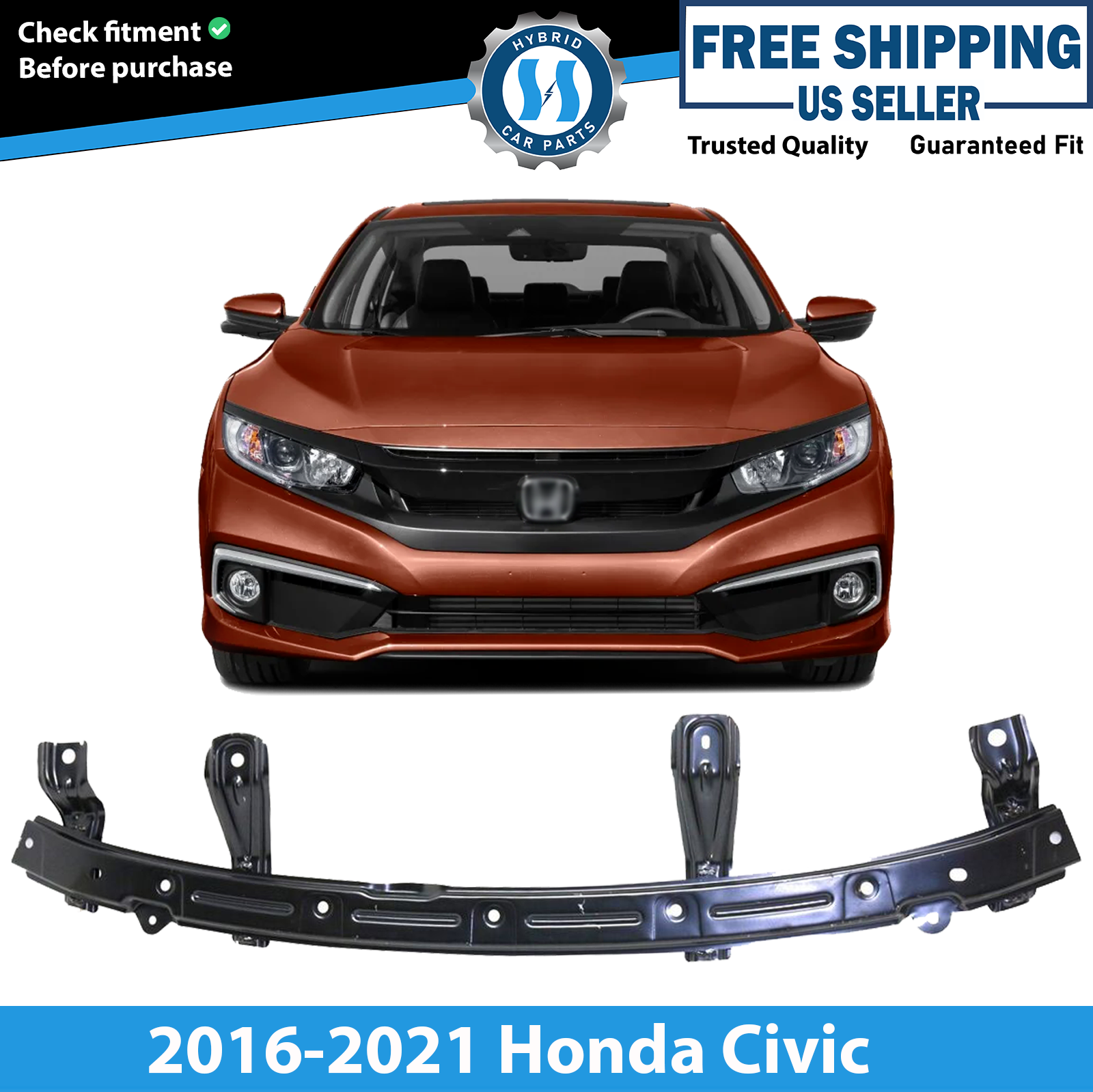 New Front Bumper Reinforcement Steel Black For 2016-2021 Honda Civic ...