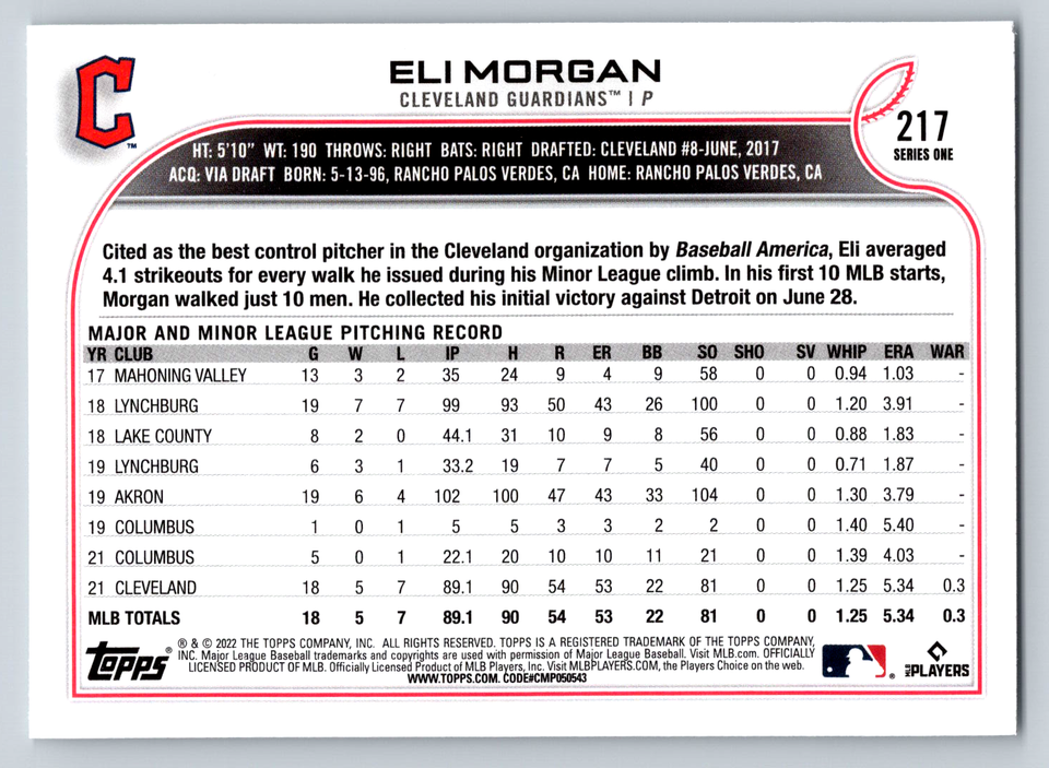 2022 Topps #217 Eli Morgan Cleveland Guardians Rookie Baseball Card | eBay