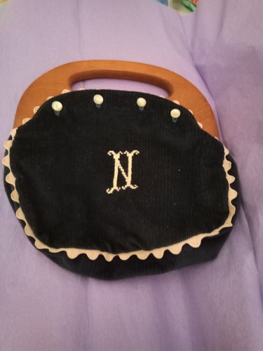 Vintage Bermuda wooden handle bag navy blue monogram letter N, Preppy ...
