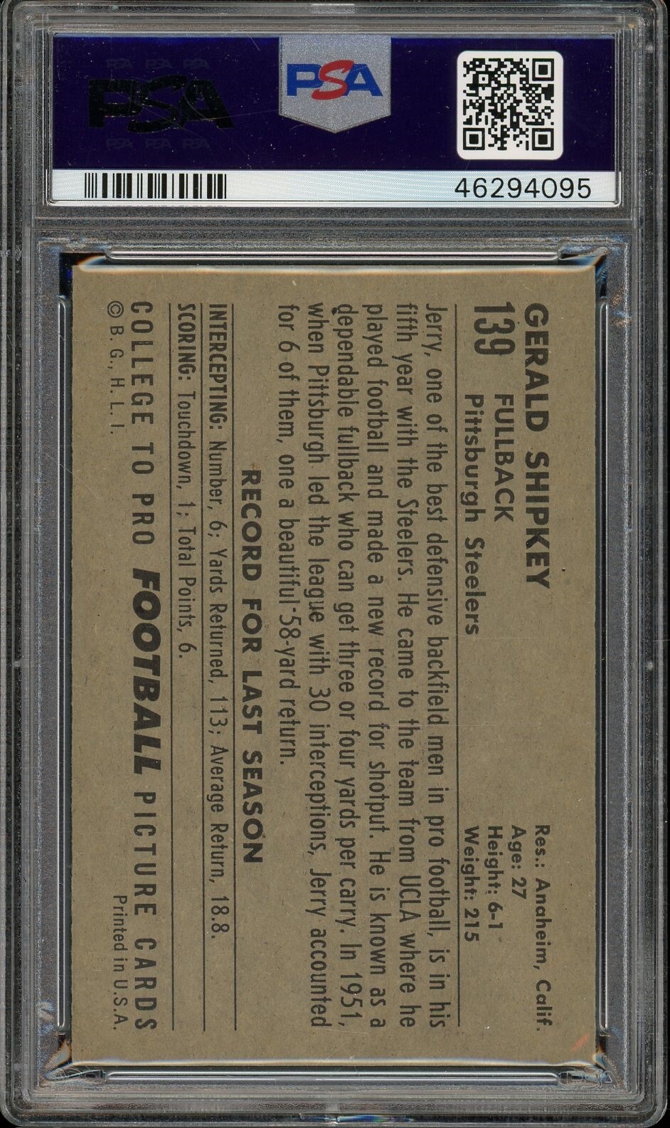1952 Bowman Large Football #139 Jerry Shipkey PSA 7 | eBay