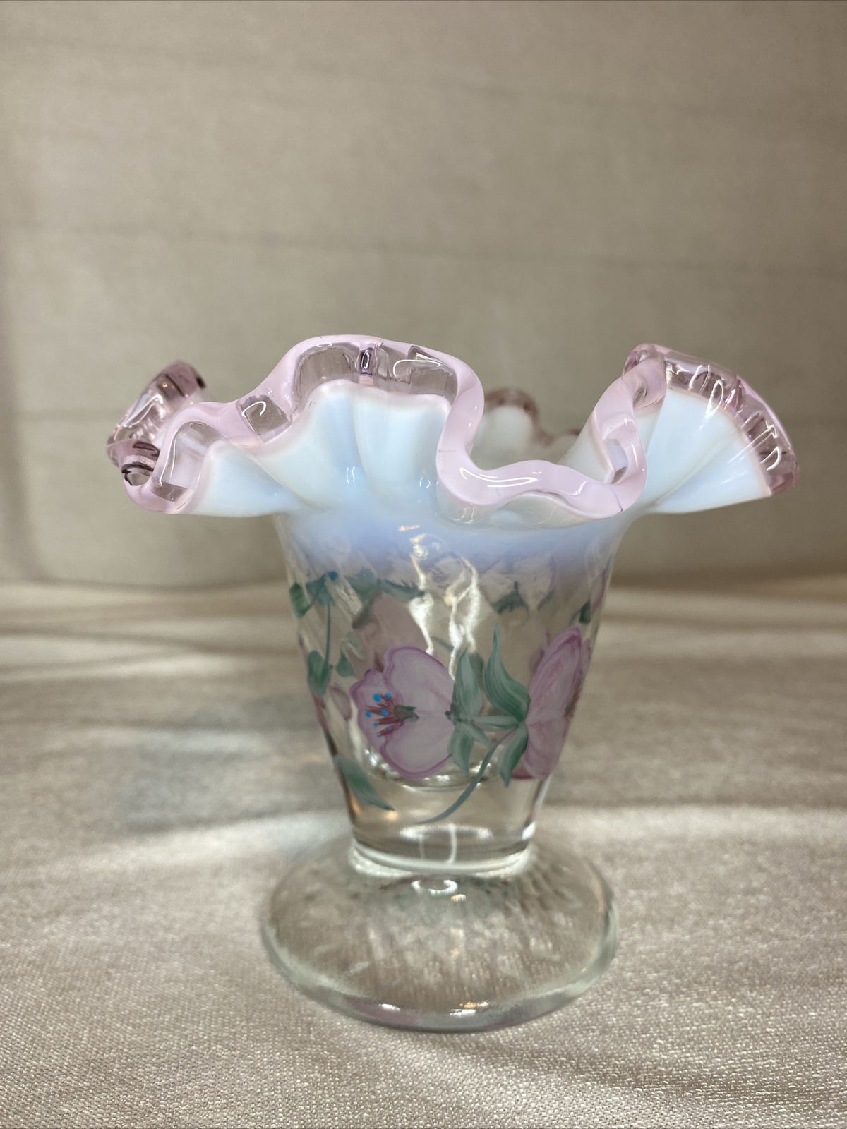 Fenton Pink Crest Ruffle 4” Vase Opaline Optic Hand Painted Signed | eBay