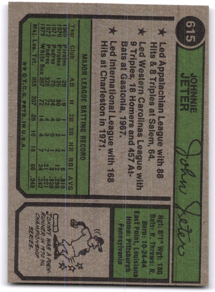 1974 Topps Johnny Jeter Chicago White Sox #615 | eBay