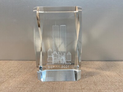 Sept. 11, Laser Cut/Etched Crystal Glass Cube PaperWeight NYC w/Twin ...