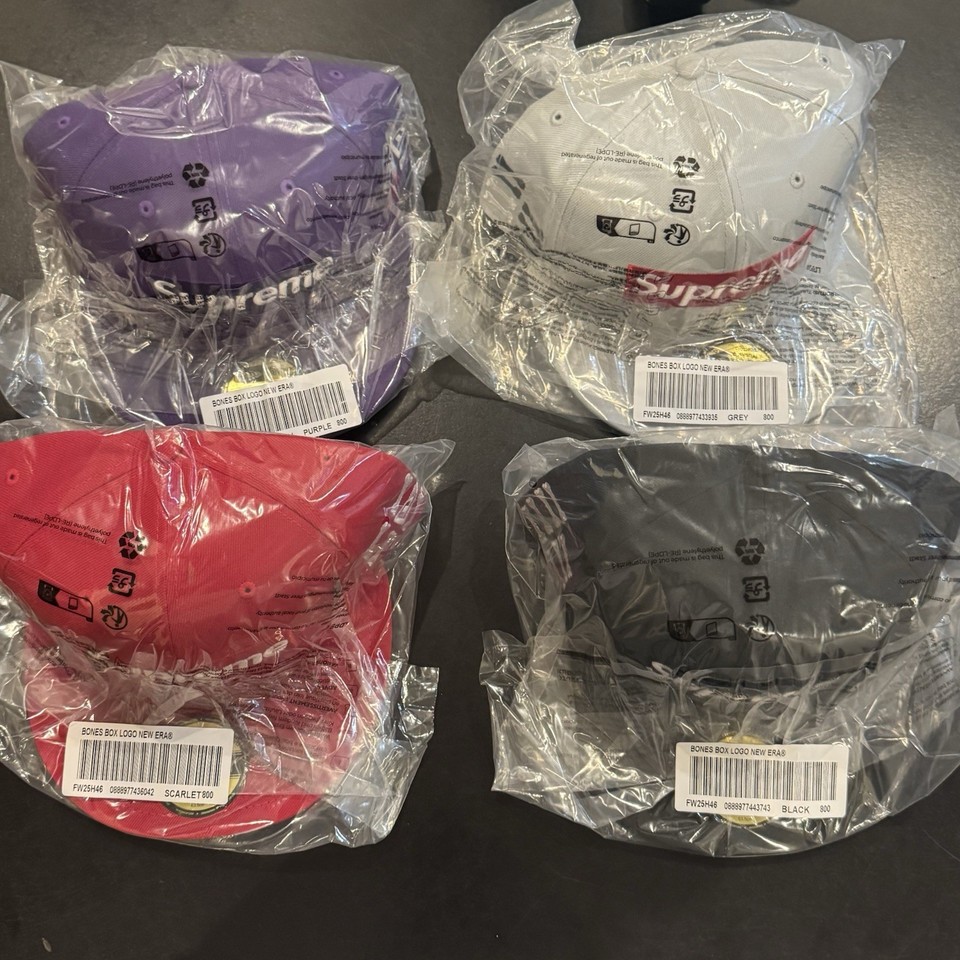 Supreme Bones Box Logo New Era FW25 Black Red Purple Grey Size 8 | eBay