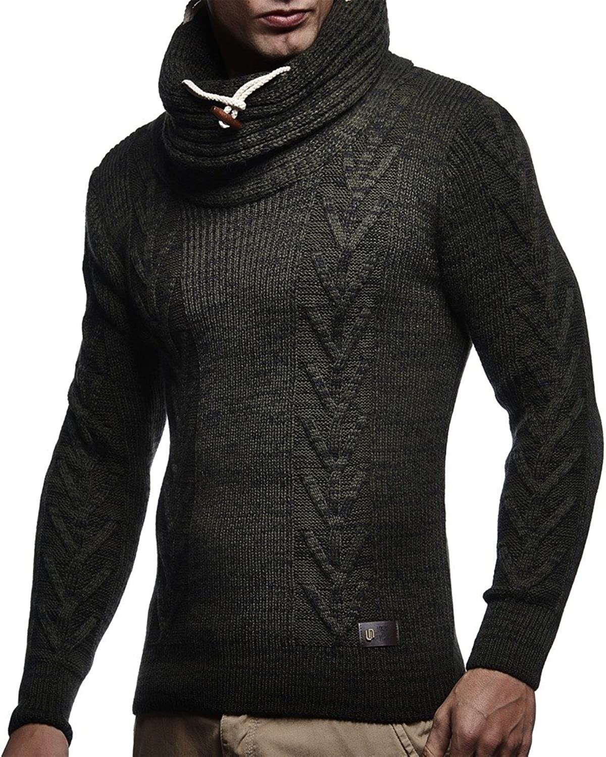 Leif Nelson LN7135KH Men's Knitted Turtleneck Pullover Khaki-Black XL ...