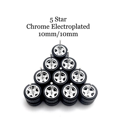5x Chrome 5 Star 10/10mm Real Rider Wheels w/ Rubber Tires for 1/64 ...