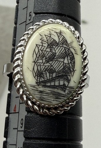 Sterling Silver Scrimshaw Nautical Ship Vintage Ring Size 4.25 | eBay