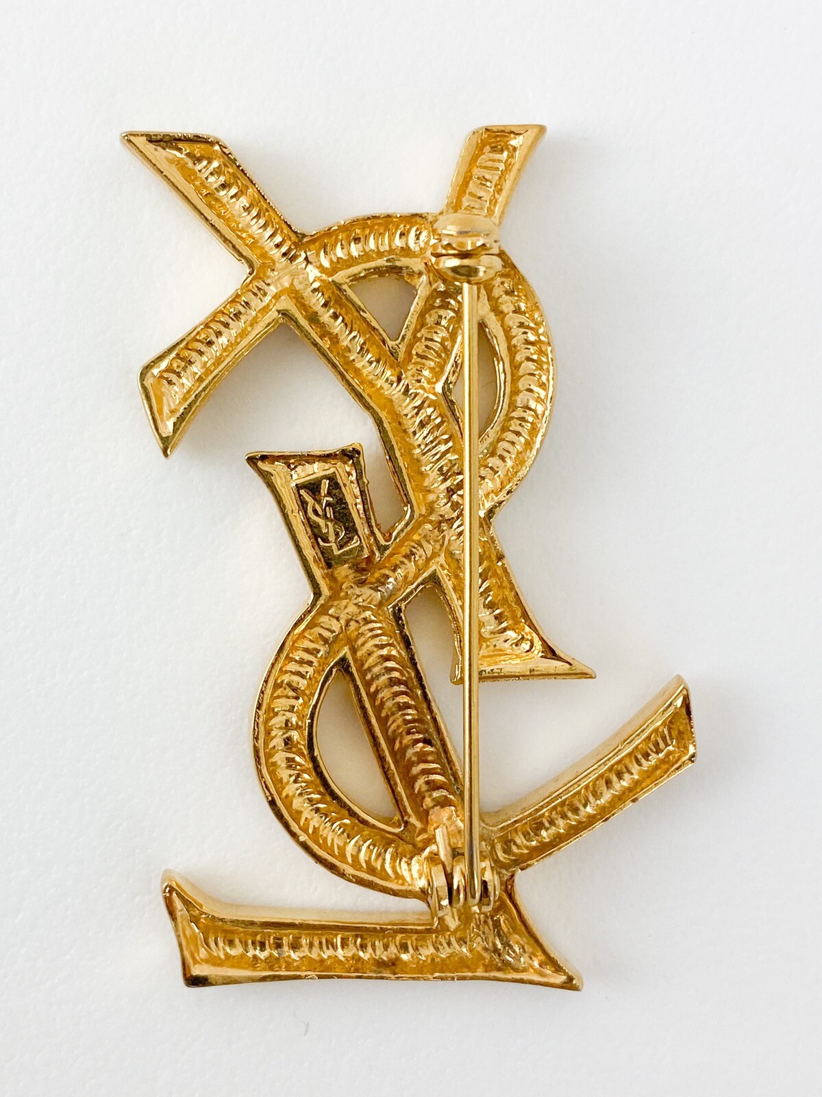 VINTAGE YSL BROOCH PIN YVES SAINT LAURENT GOLD TONE YSL LOGO | eBay