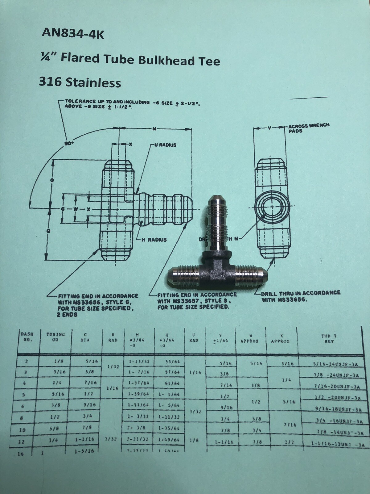 AN834-4K 1/4” Flared Tube Tee, Bulkhead On Tee, 316SS | eBay