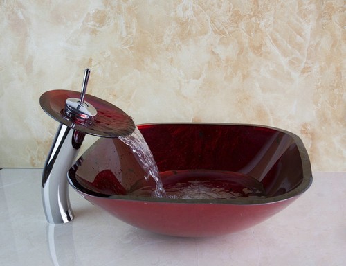 Red Square Bathroom Vessel Sinks Tempered Glass Basin Mixer Faucet ...