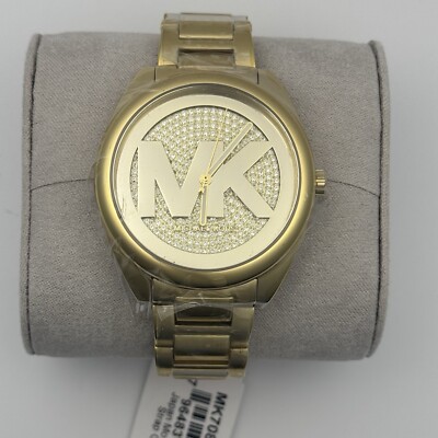 New Michael Kors Janelle Womens Gold Watch, Pave Crystals MK Logo Dial ...