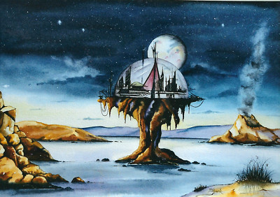 NEW SHARON HURST ORIGINAL "Moonrise" Fantasy planet scifi WATERCOLOUR ...
