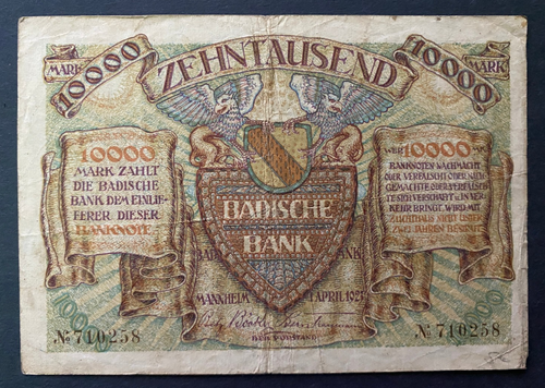 1922 Germany 10,000 Mark Hyperinflation Note – Badische Bank ...